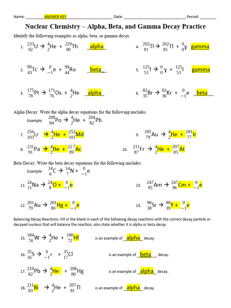 Nuclear Decay Worksheet Answer Key | PDF | Radioactive Decay | Nuclear ...