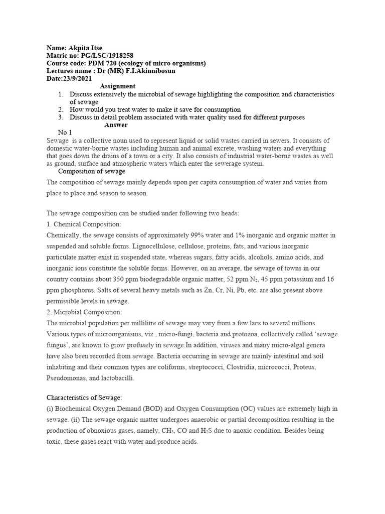 Assignment | PDF | Water Quality | Sewage