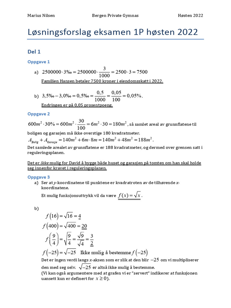 Løsningsforslag Eksamen 1P Høsten 2022 | PDF