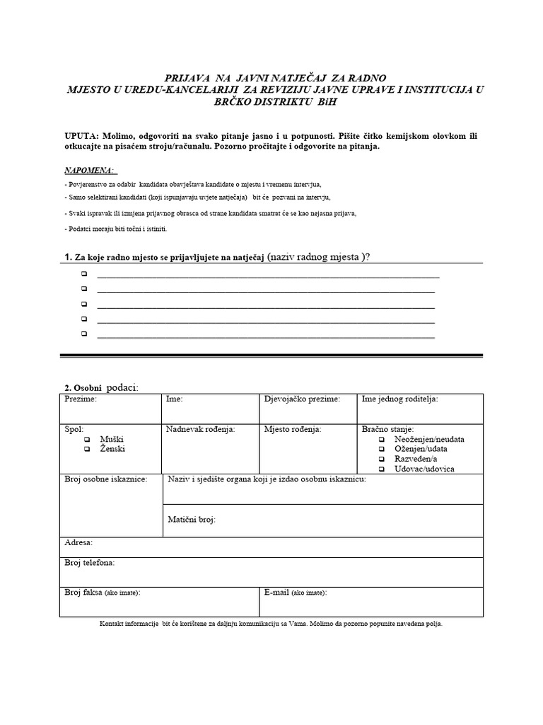 Obrazac Prijave Na Konkurs-Hr | PDF