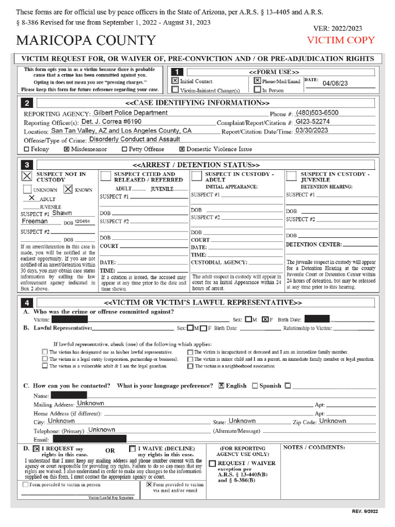 Victims Rights Forms Assault and Disorderly Conduct | PDF | Restraining ...