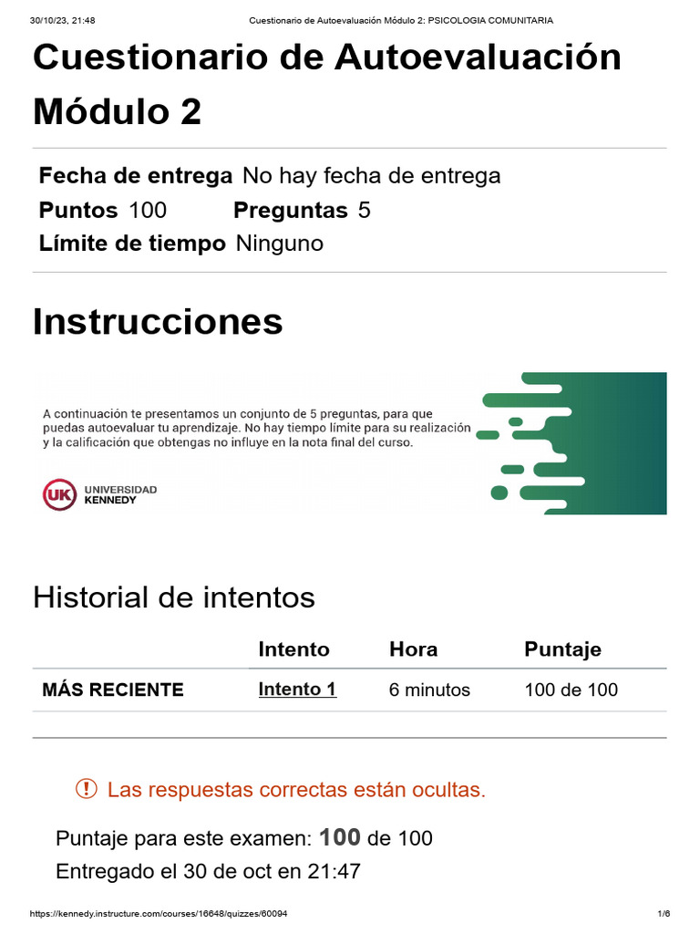 Cuestionario de Autoevaluación Módulo 2 - PSICOLOGIA COMUNITARIA | PDF | Sicología | Cuestionario