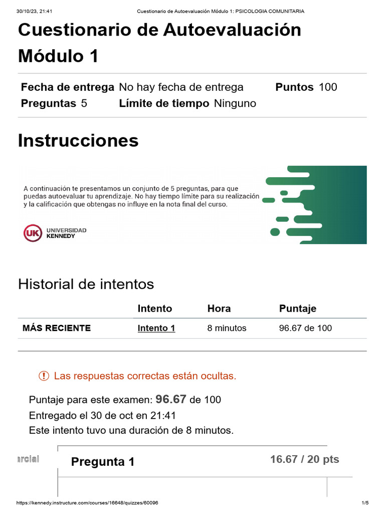 Cuestionario de Autoevaluación Módulo 1_ PSICOLOGIA COMUNITARIA | PDF | Sicología | Medicina CLINICA