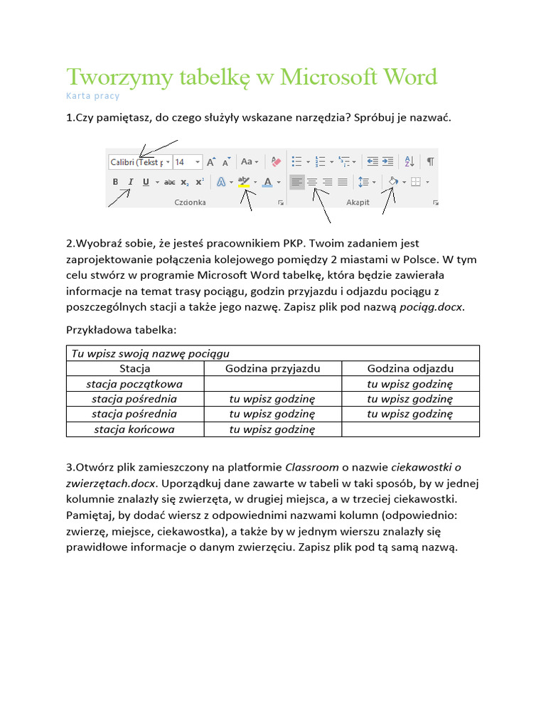 Karta Pracy - Tworzenie Tabelki W Programie Microsoft Word | PDF