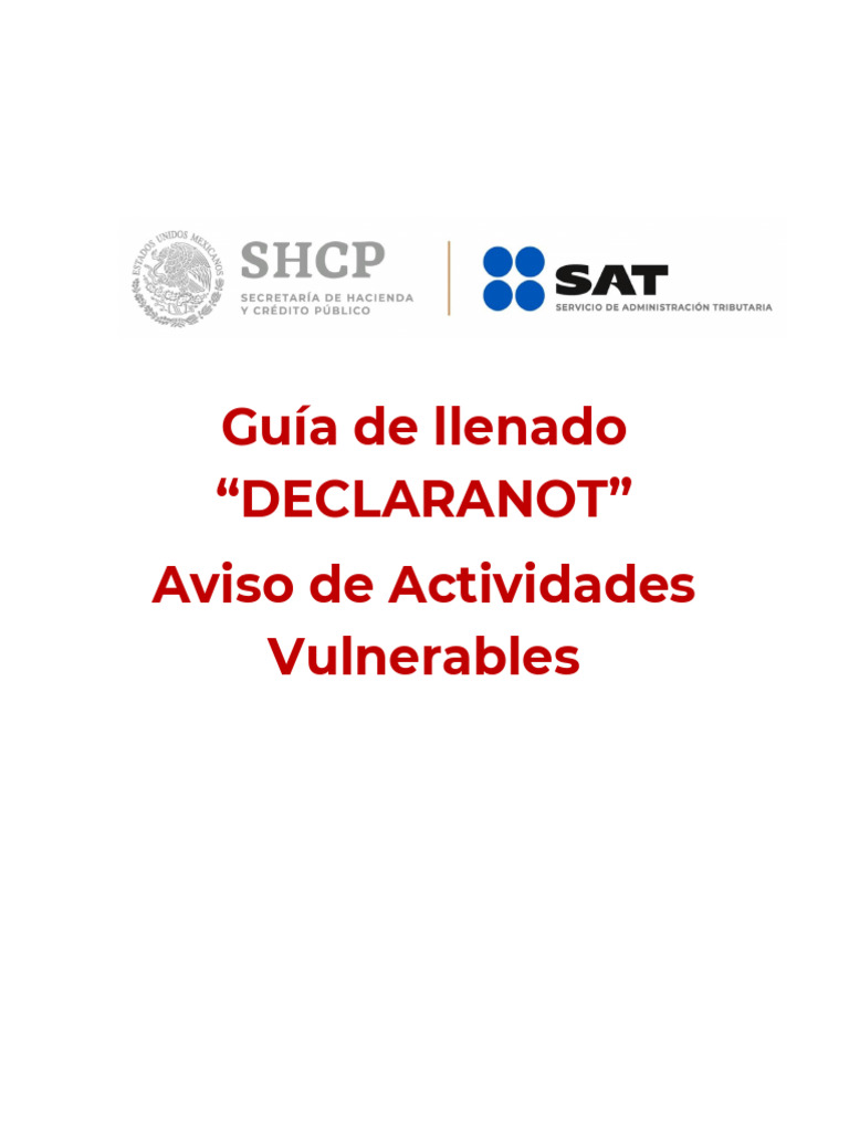 Guía de Llenado DeclaraNOT Aviso de Actividades Vulnerables UIF | PDF