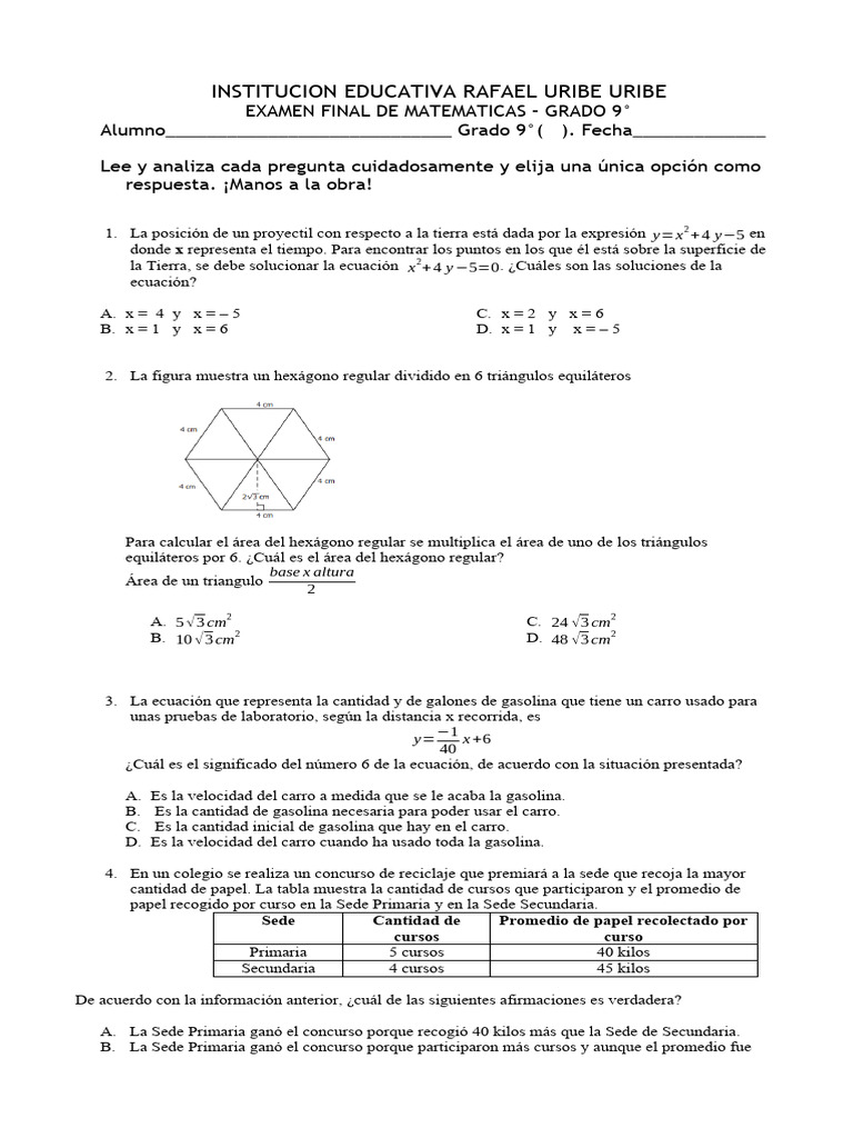 Examen Final Matematicas 9 | PDF | Triángulo | Matemáticas