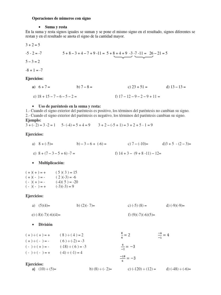 Operaciones con Números con Signo | PDF | Métodos y materiales de enseñanza