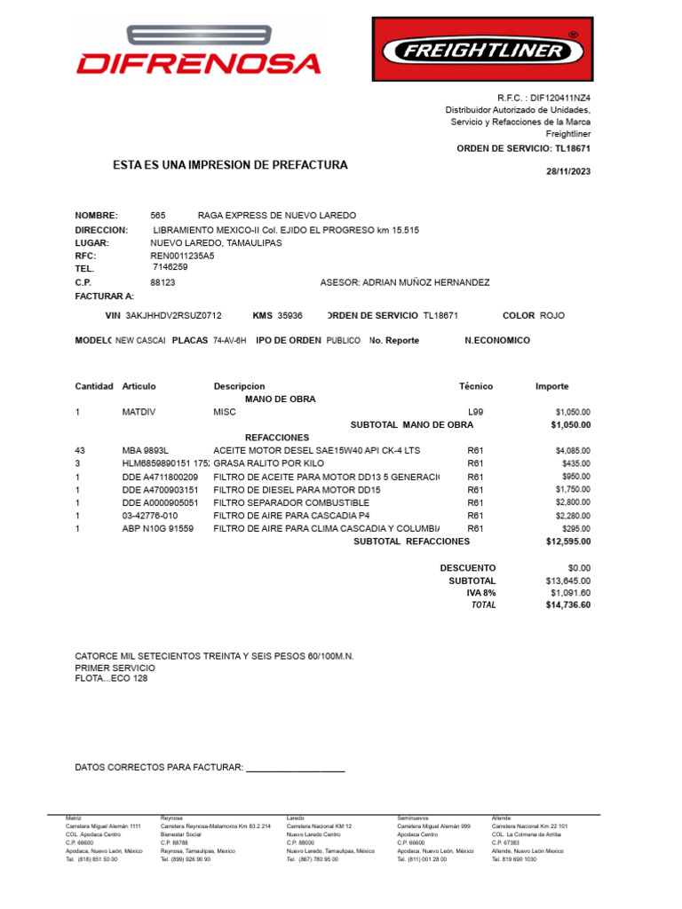 Prefactura Raga Primer Servicio 128 | PDF