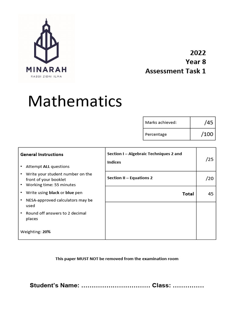 MC 2022 Mathematics Year 8 Assessment 1 | PDF | Fahrenheit | Elementary ...