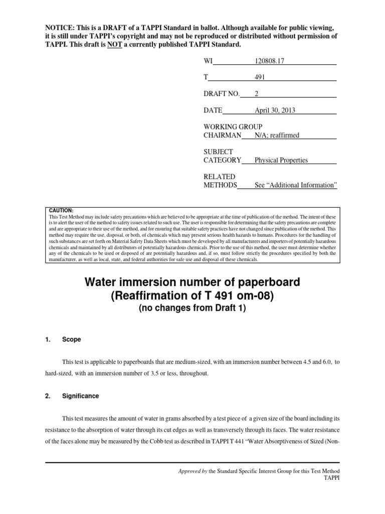 T - 491 Water Immersion Number of Paperboard | PDF | Paper | Safety