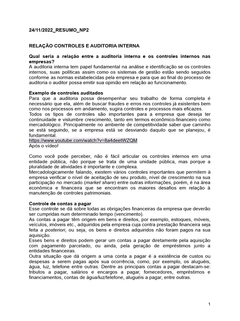 11 - 10 - 2022 - 1º Aula+resumo - NP2. | PDF | Contabilidade | Auditoria interna