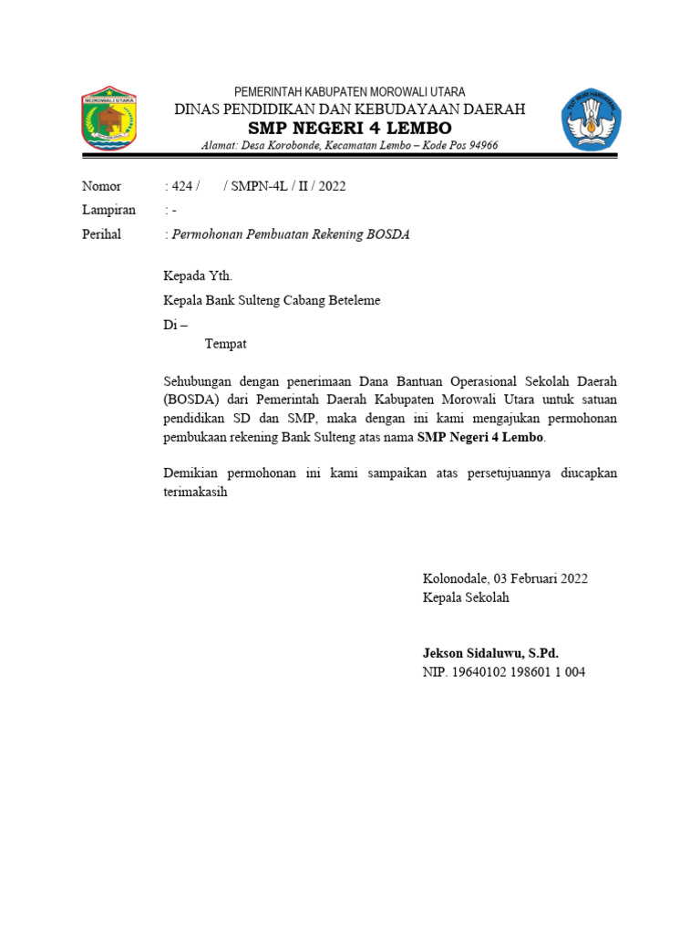 Contoh Surat Permohonan BOSDA | PDF