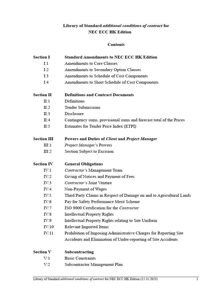NEC ECC HK Edition Contract Amendments | PDF | Subcontractor | General ...