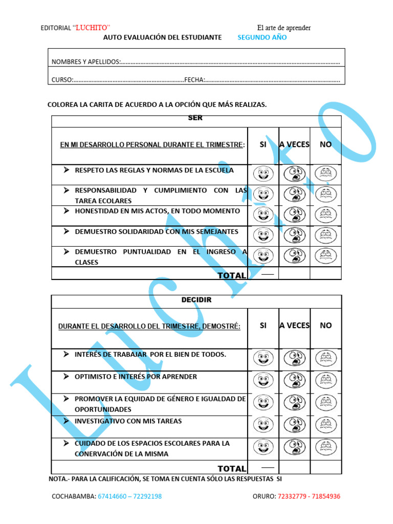 AUTO EVALUACIÓN 2DO PRIMARIA para Bolivia | PDF