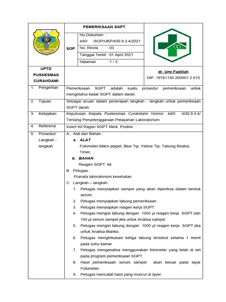 SOP Pemeriksaan SGPT | PDF