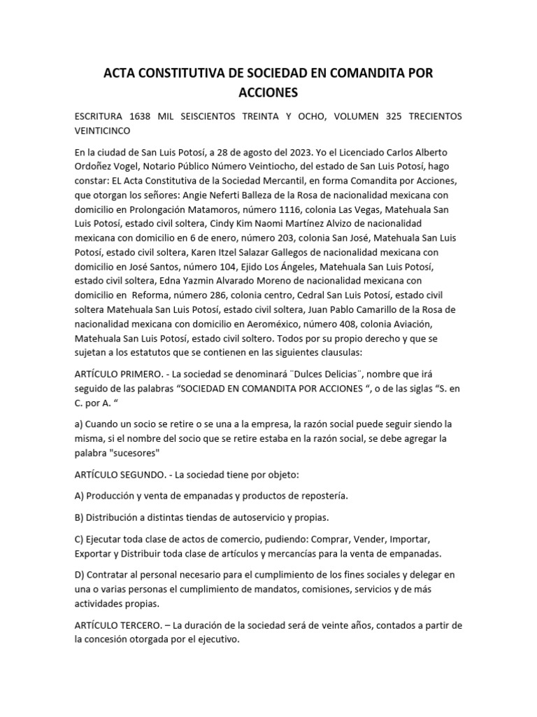 Acta Constitutiva de Sociedad en Comandita Por Acciones 1 | PDF | Sociedad de responsabilidad ...