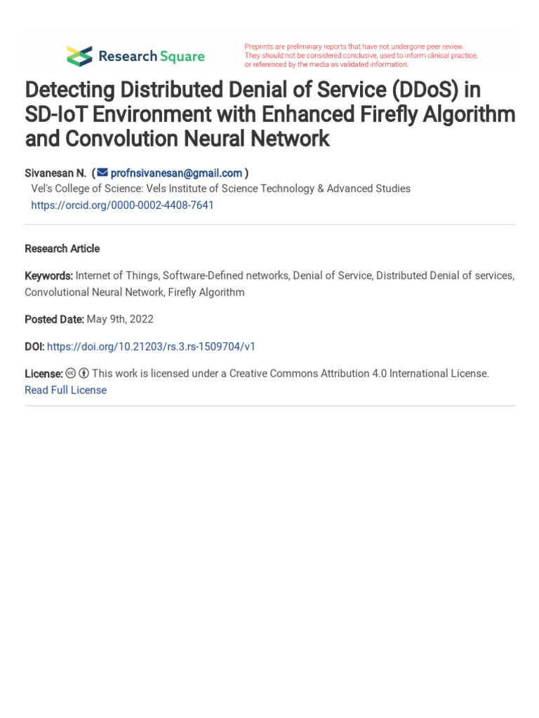 Detecting Distributed Denial of Service (DDoS) in SD-IoT Environment With Enhanced Firefly ...