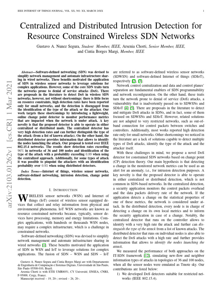 Centralized And Distributed Intrusion Detec Tion For Resource Constrained Wireless Sdn