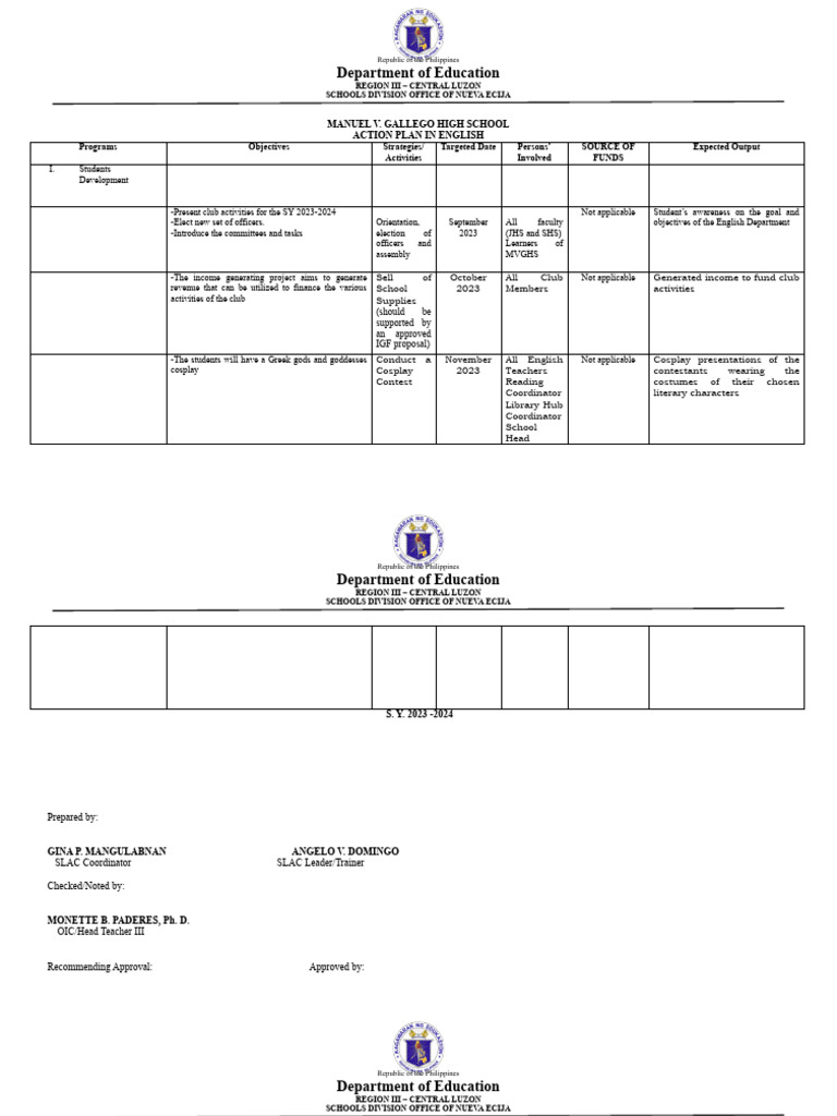 English Department Plan Sy 2023-2024 | PDF