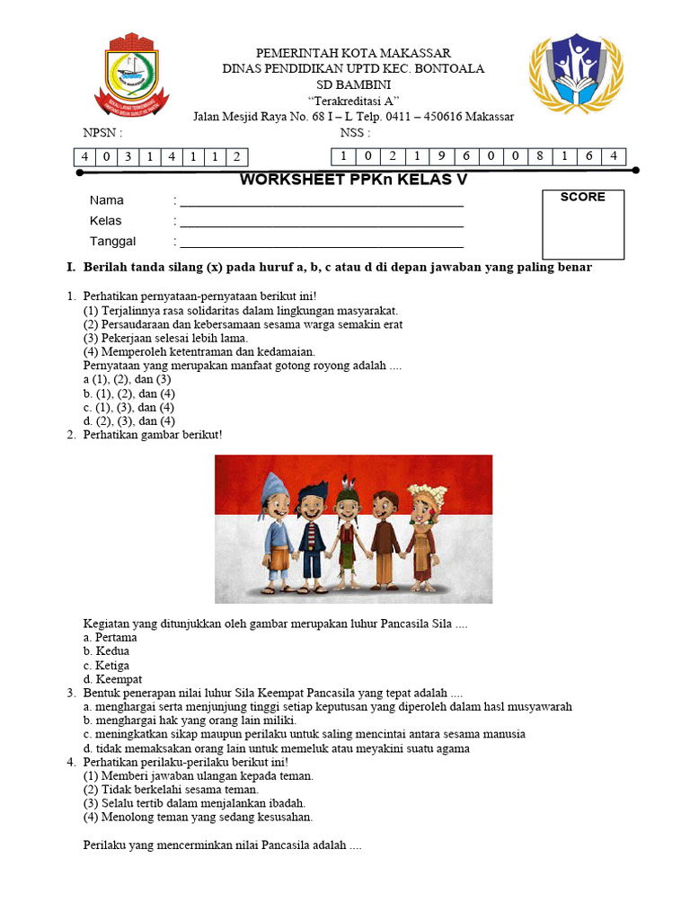 Worksheet PPKn Kelas 5: Pancasila | PDF