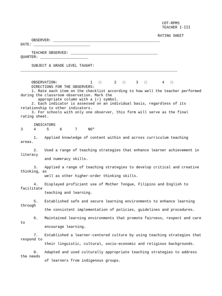 Appendix C 03 COT RPMS Rating Sheet For T I III For SY 2023 2024 | PDF | Teachers | Learning