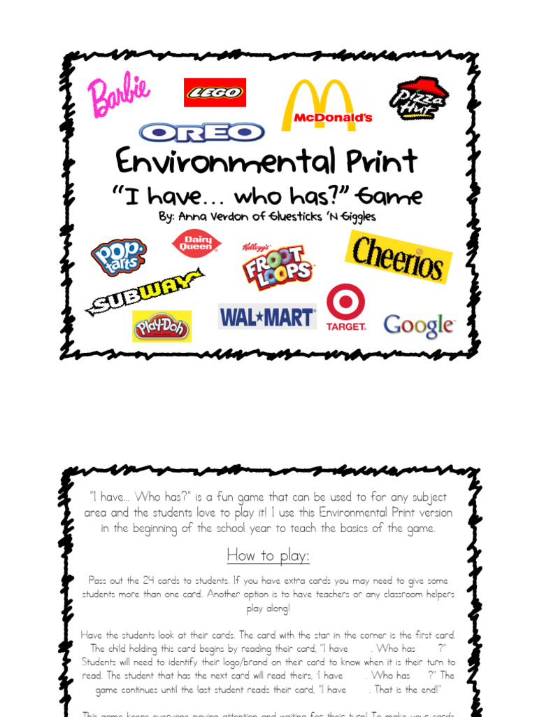 Environmental Print: "I Have Who Has?" Game | PDF