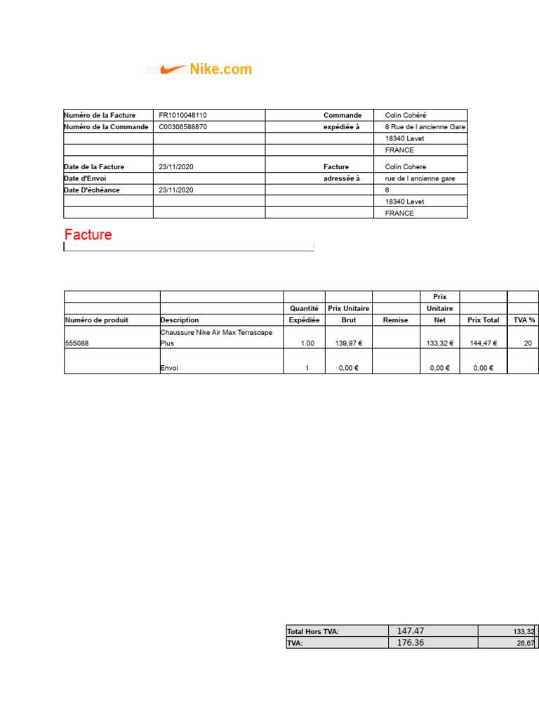 Facture Nike Air Max Terrascape Plus | PDF | Comptabilité | Documents commerciaux