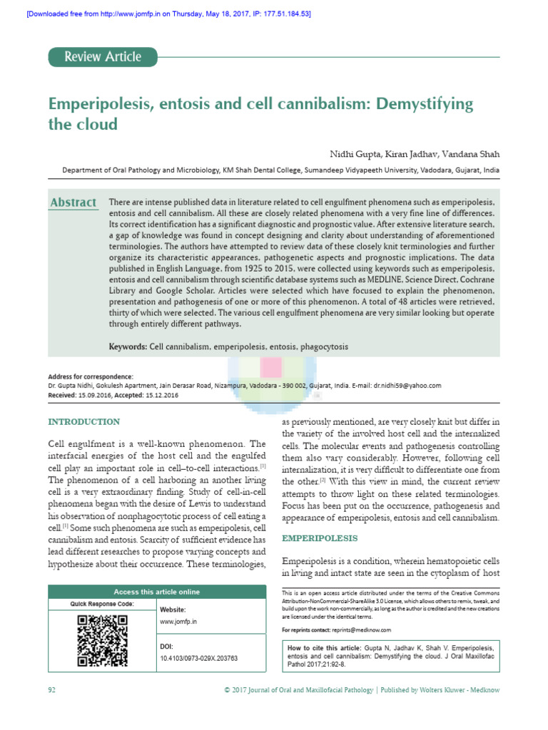Emperipolesis Entosis and Cell Cannibalism Demysti | PDF | Natural ...