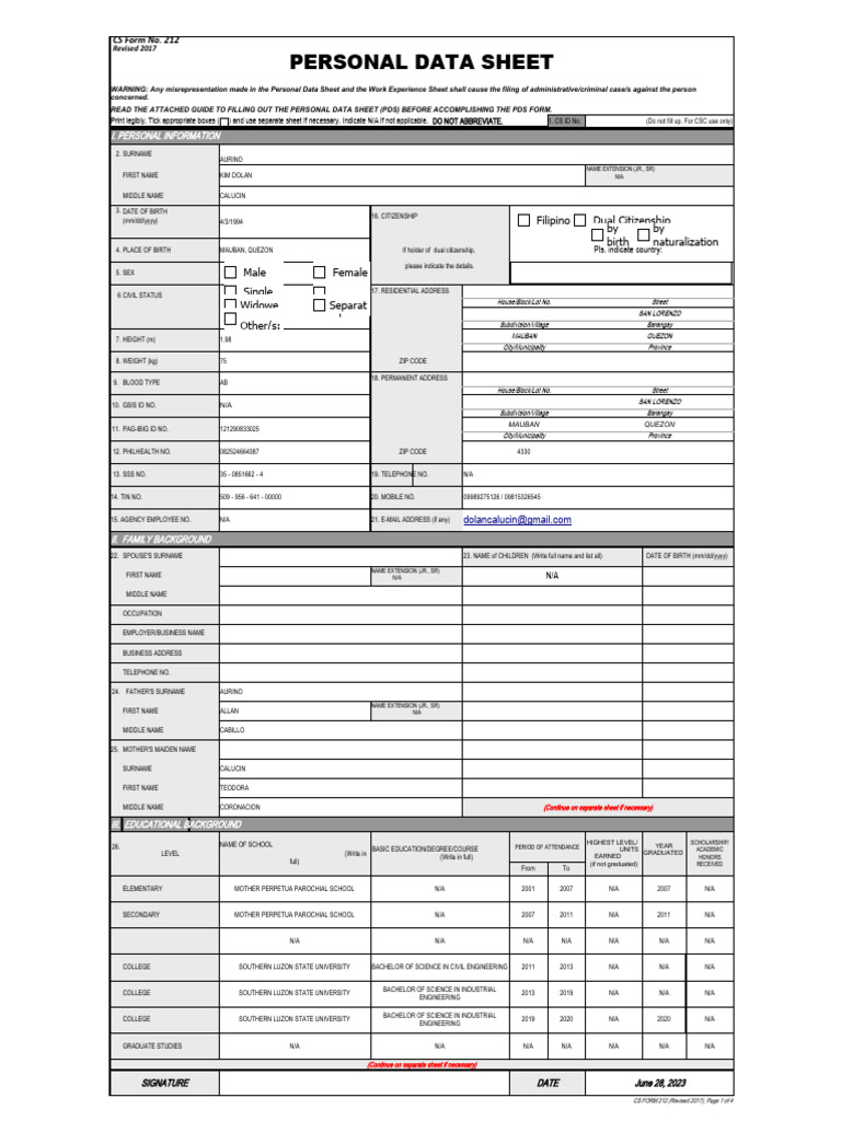 Pds Form Kim Dolan C. Aurino 2023 1 | PDF