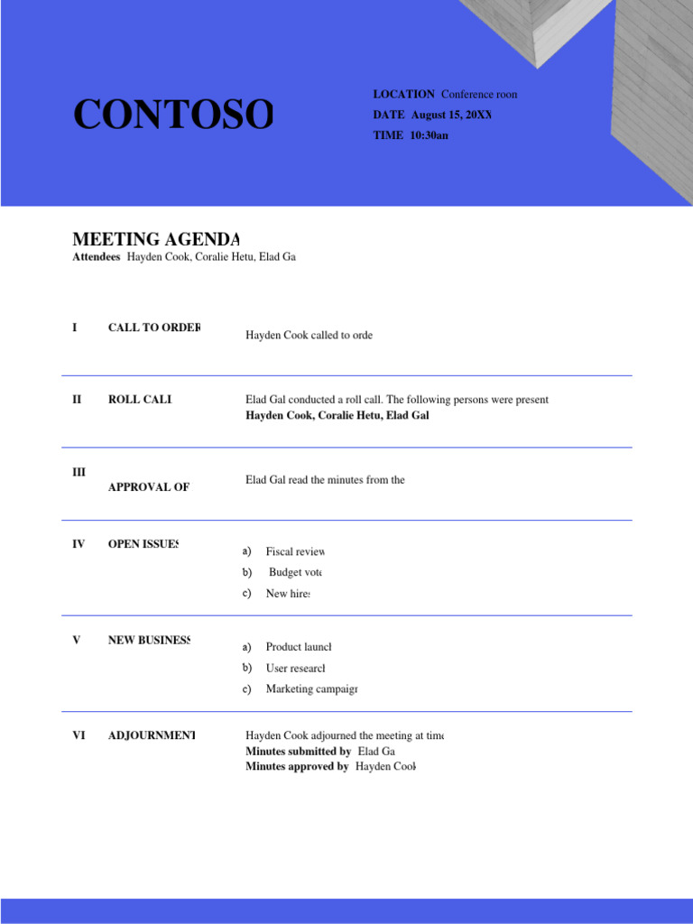 Contoso Meeting Agenda 08/15/20XX | PDF