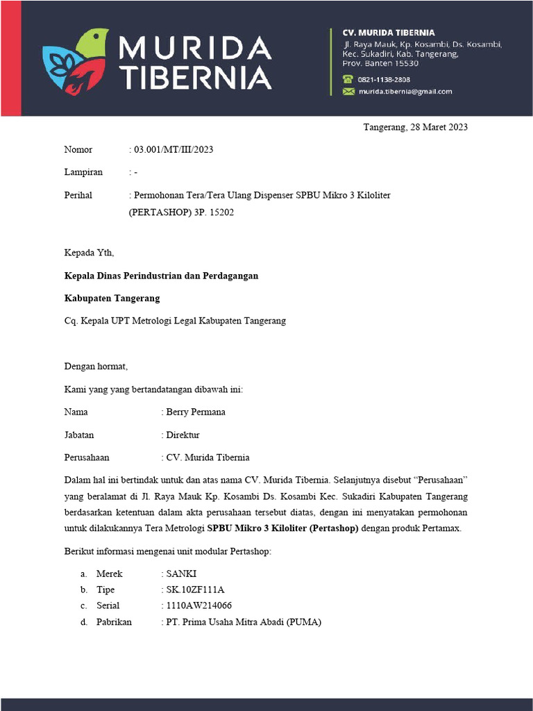 Surat Permohonan Tera Ulang CV. Murida Tibernia | PDF