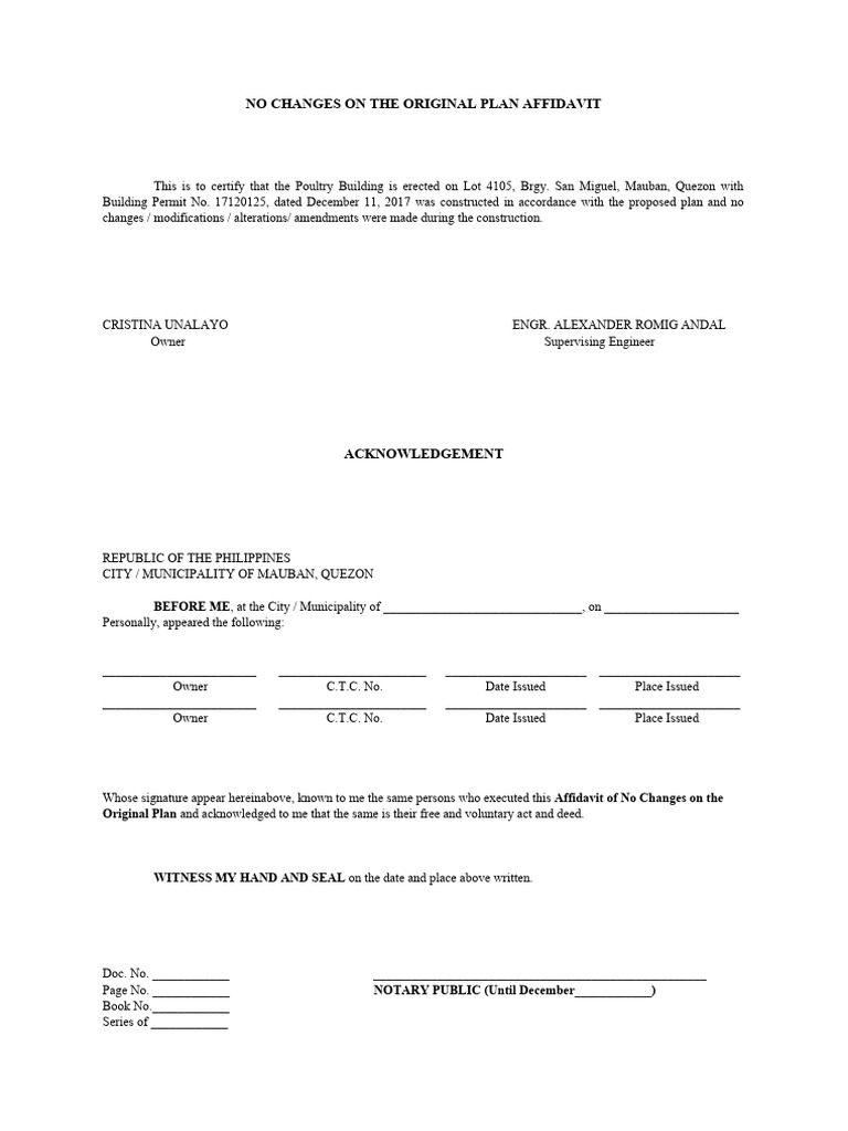 No Changes On The Original Plan Affidavit | PDF