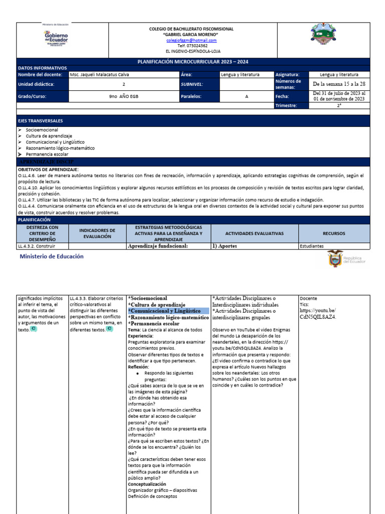 9no Año Lengua y Literatura II Trimestre | PDF | Aprendizaje | Experiencia