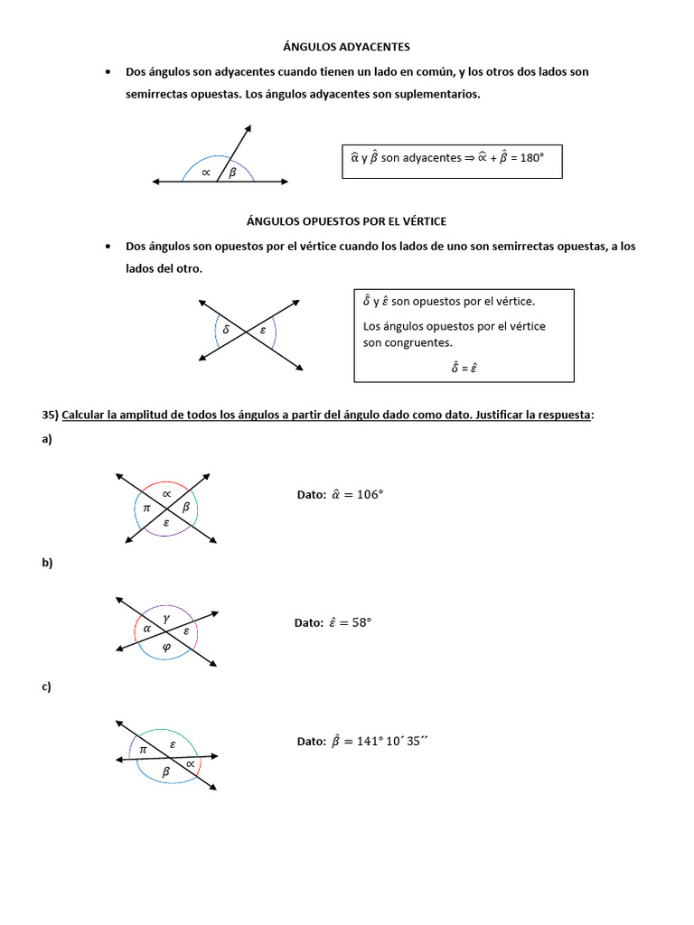 ÁNGULOS ADYACENTES Y OPUESTOS POR EL VÉRTICE (1er. AÑO) | Descargar ...