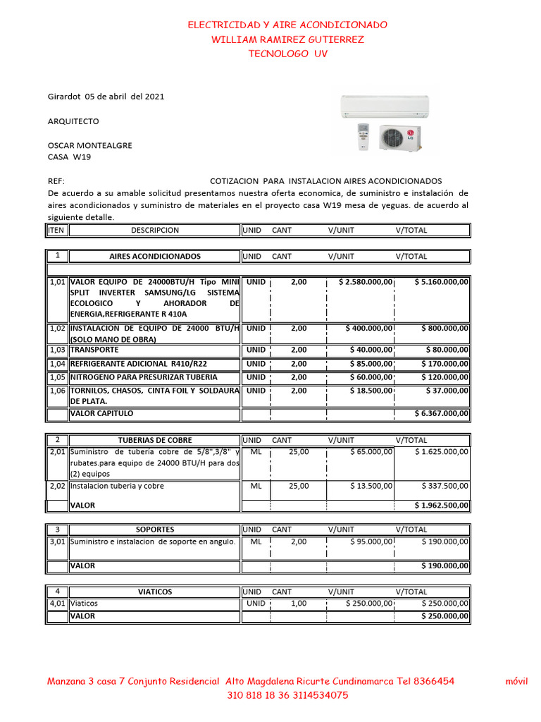Cotización Instalación Aire Acondicionado | PDF | Materiales ...