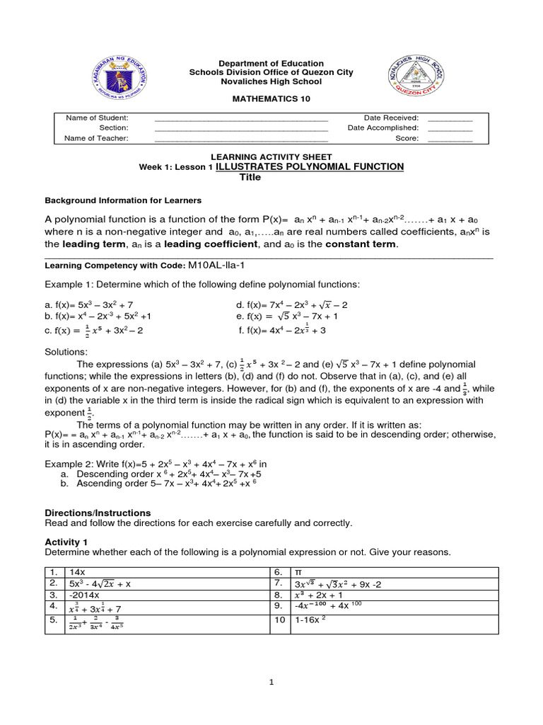 Math10 - Q2 - Wk1 Illustrating Poly Function | Download Free PDF | Polynomial | Function ...