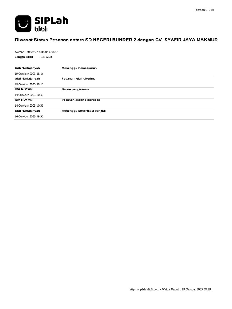 Riwayat Status Pesanan - S10005307837 | PDF