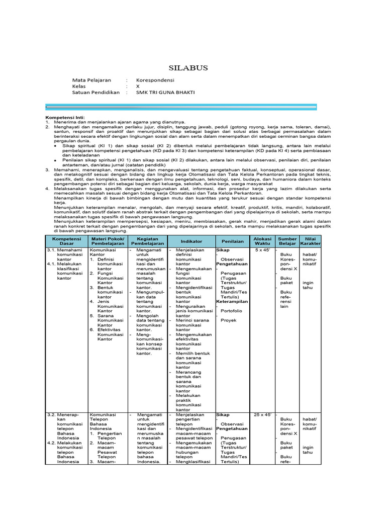 SILABUS Korespondensi X | PDF | Karier & Perkembangan | Seni
