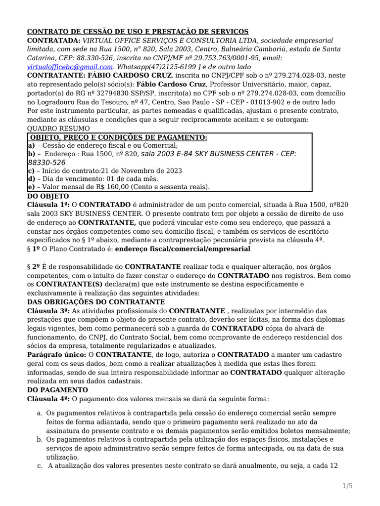 Contrato de Cessão de Uso Comercial | PDF | Cheque (banco) | Direito Comum