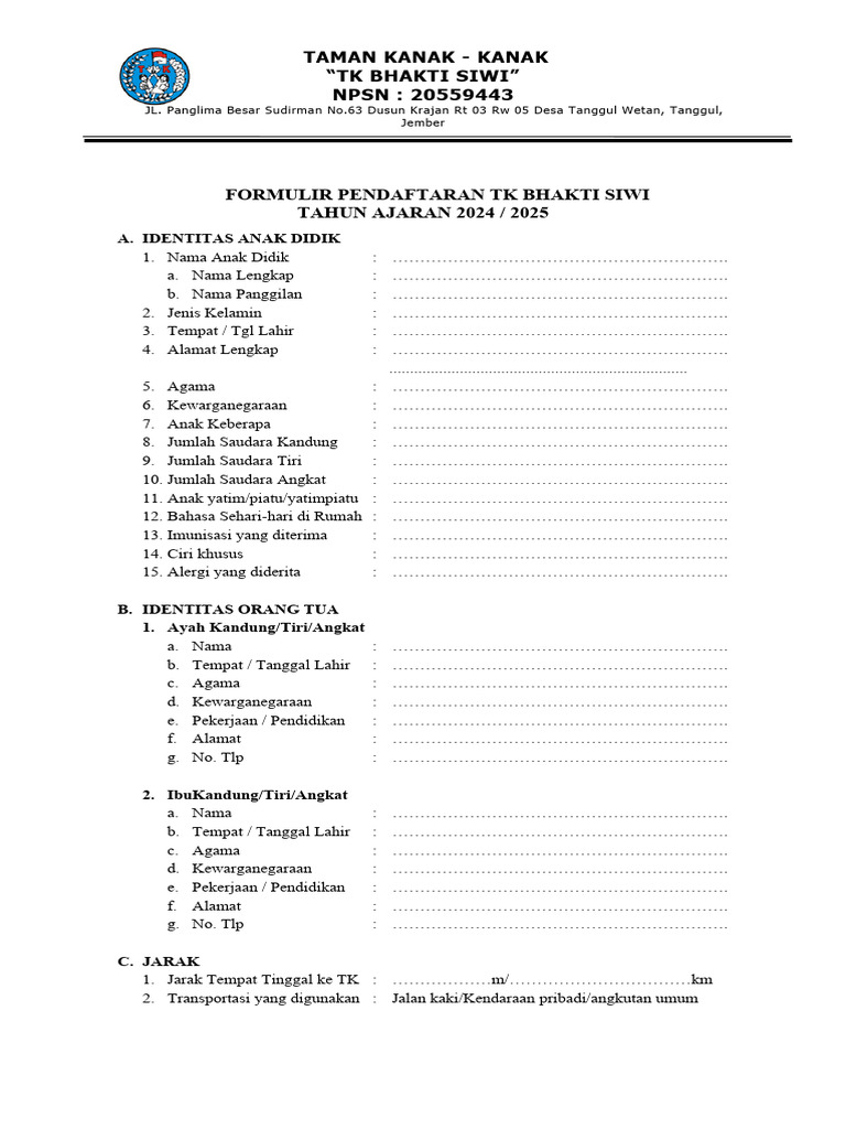 Formulir Pendaftaran KB Widiatmika | PDF