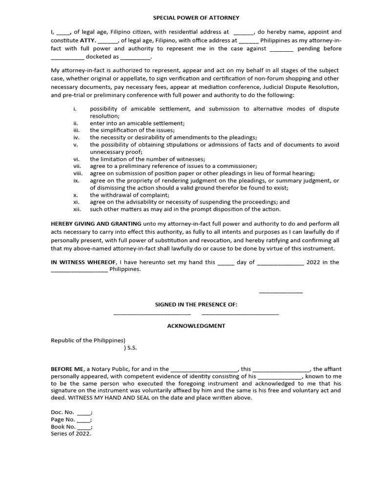 SPA Sample | Download Free PDF | Power Of Attorney | Judgment (Law)