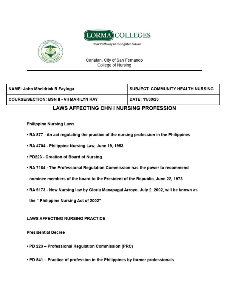 FAYLOGA - John Mheldrick R.-BSN-II-VII-MARILYN-RAY-ASSIGNMENT-LAWS-AFFECTING-CHN-I-NURSING ...