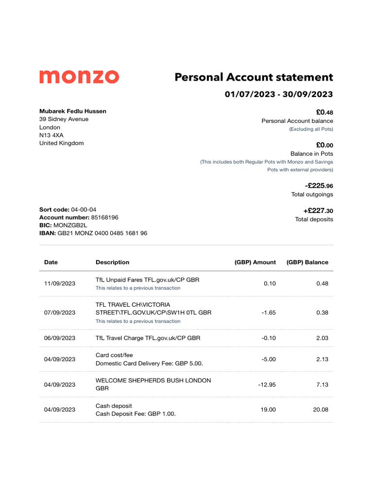 Monzo - Bank - Statement - 2023 07 01 2023 09 30 - 5224 | PDF | Deposit ...