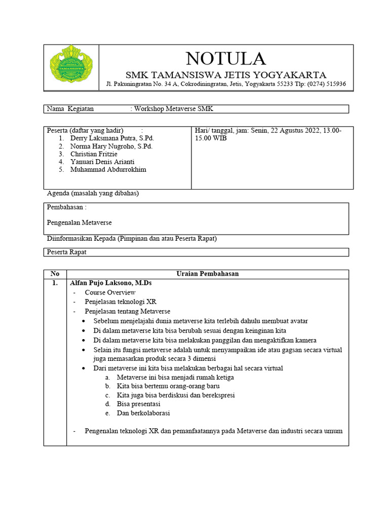 Notula Workshop Metaverse - Hari 1 | PDF | Seni | Komputer