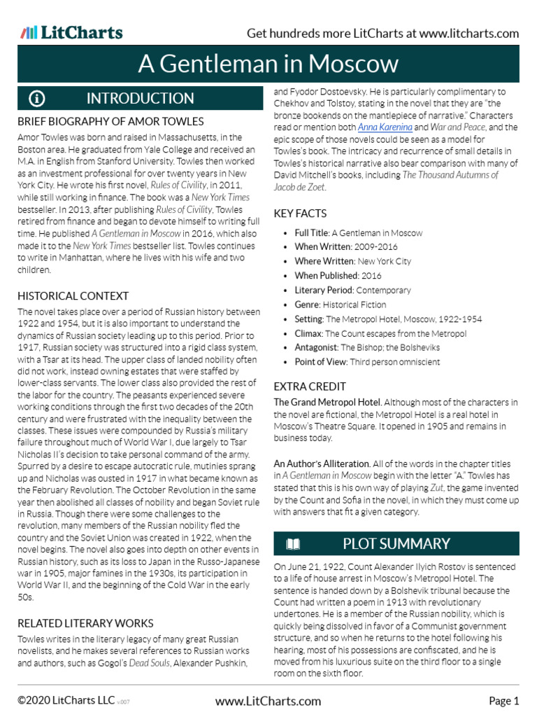 A Gentleman in Moscow LitChart | PDF | Russian Revolution | Russian Empire