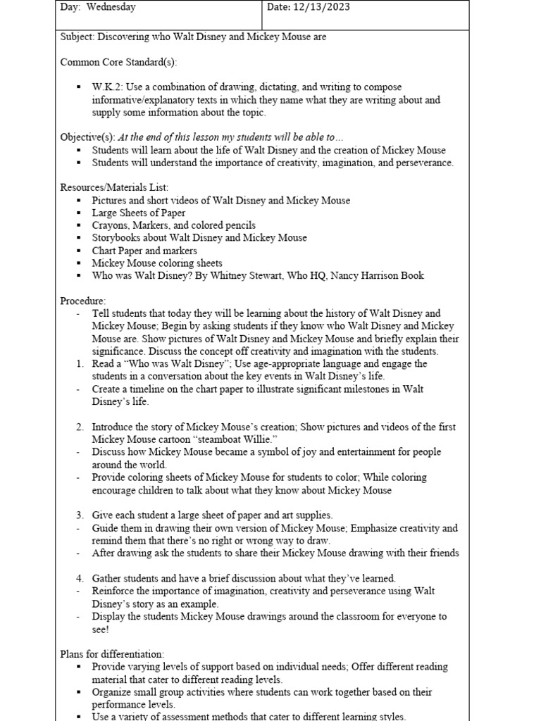 Walt Disney and Mickey Mouse Lesson Plan | PDF | Walt Disney | Lesson Plan