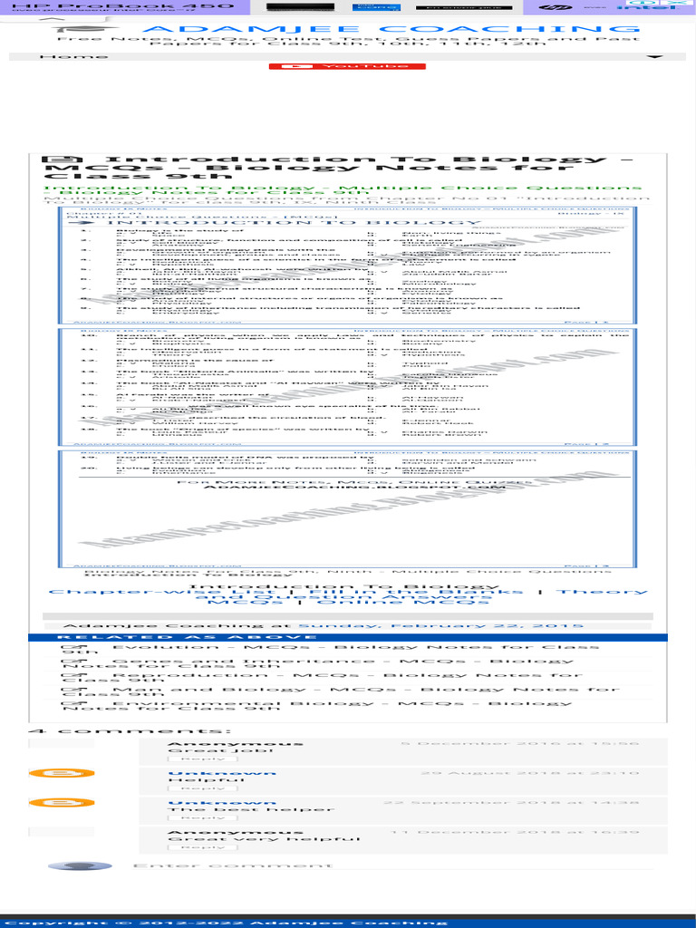 Adamjee Coaching Introduction To Biology - MCQs - Biology Notes For ...