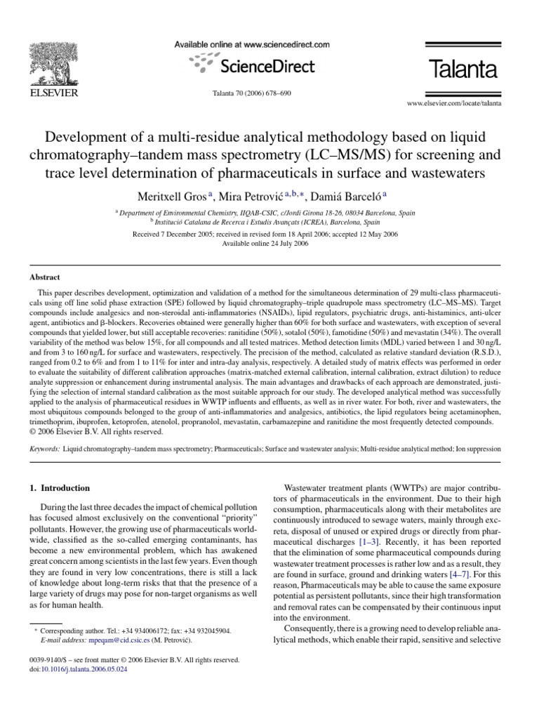 Development of A Multi-Residue Analytical Methodology | PDF | Liquid Chromatography–Mass ...