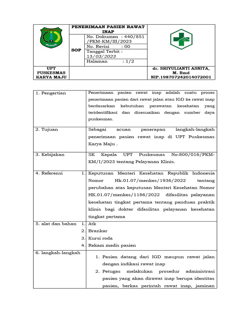 Sop Penerimaan Pasien Ranap | PDF