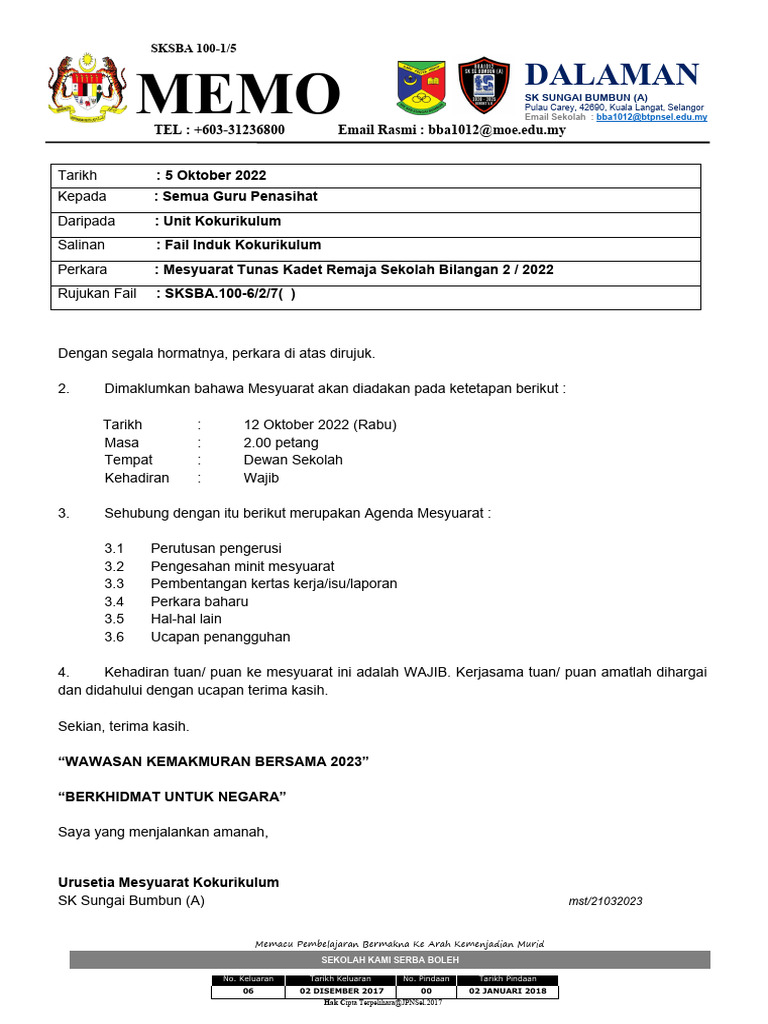 Memo Mesyuarat 2 TKRS 2022 | PDF